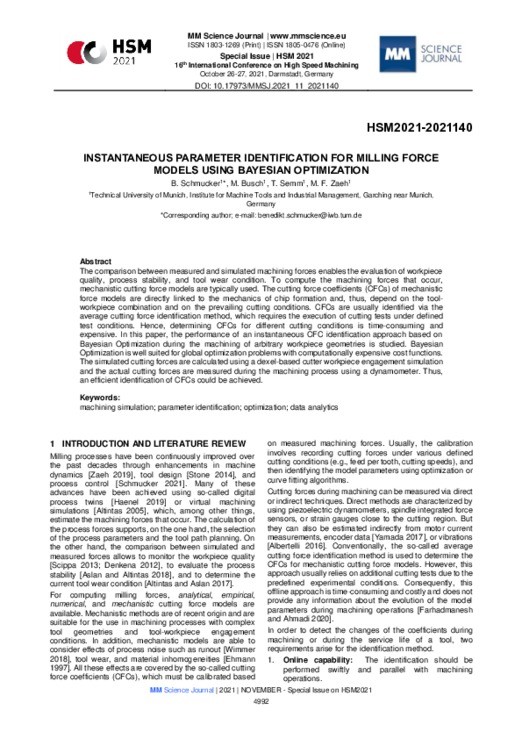 Instantaneous Parameter Identification For Milling Force Models Using