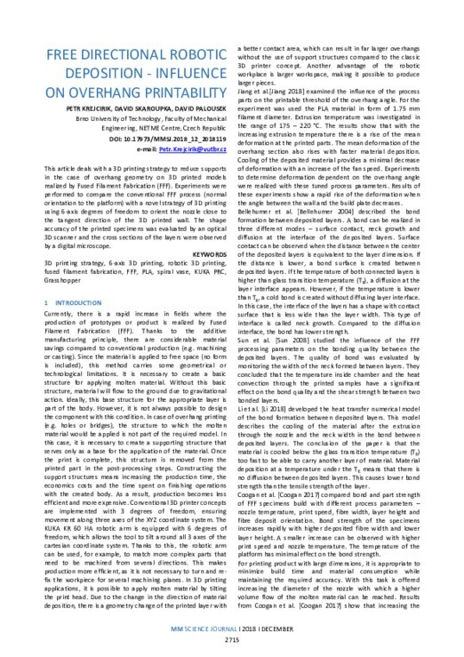 FREE DIRECTIONAL ROBOTIC DEPOSITION - INFLUENCE ON OVERHANG ...