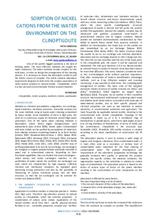 SORPTION OF NICKEL CATIONS FROM THE WATER ENVIRONMENT ON THE ...