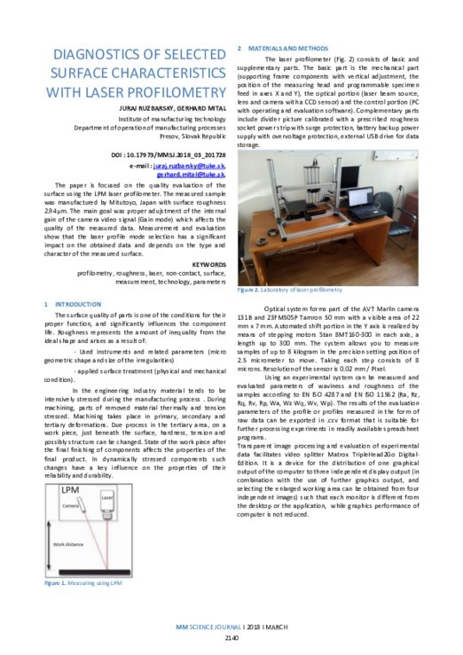 DIAGNOSTICS OF SELECTED SURFACE CHARACTERISTICS WITH LASER PROFILOMETRY ...