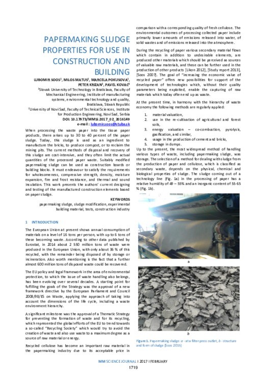 PAPERMAKING SLUDGE PROPERTIES FOR USE IN CONSTRUCTION AND BUILDING | MM ...