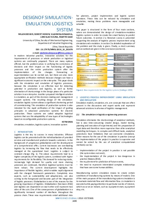 DESIGN OF SIMULATION-EMULATION LOGISTICS SYSTEM | MM Science Journal