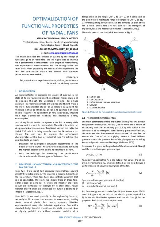 OPTIMALIZATION OF FUNCTIONAL PROPERTIES OF RADIAL FANS | MM Science Journal