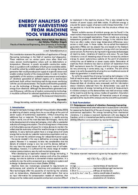 ENERGY ANALYSIS OF ENERGY HARVESTING FROM MACHINE TOOL VIBRATIONS | MM ...