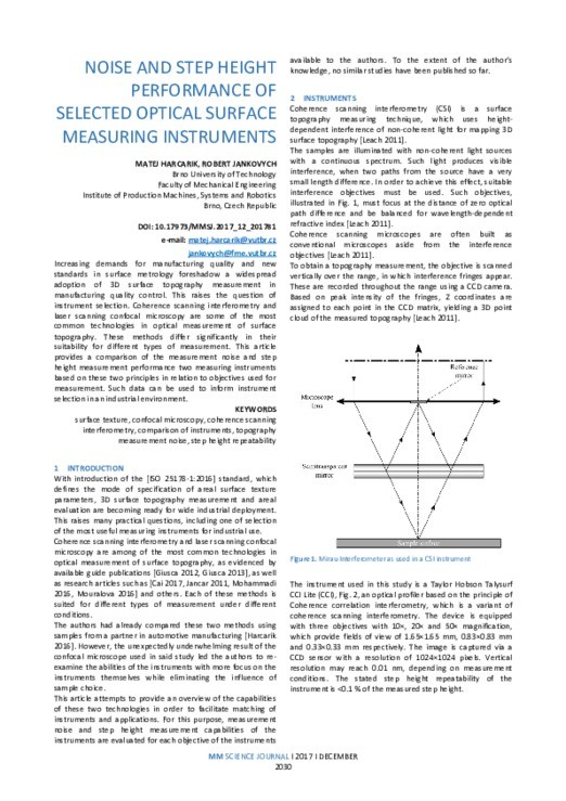 NOISE AND STEP HEIGHT PERFORMANCE OF SELECTED OPTICAL SURFACE MEASURING ...