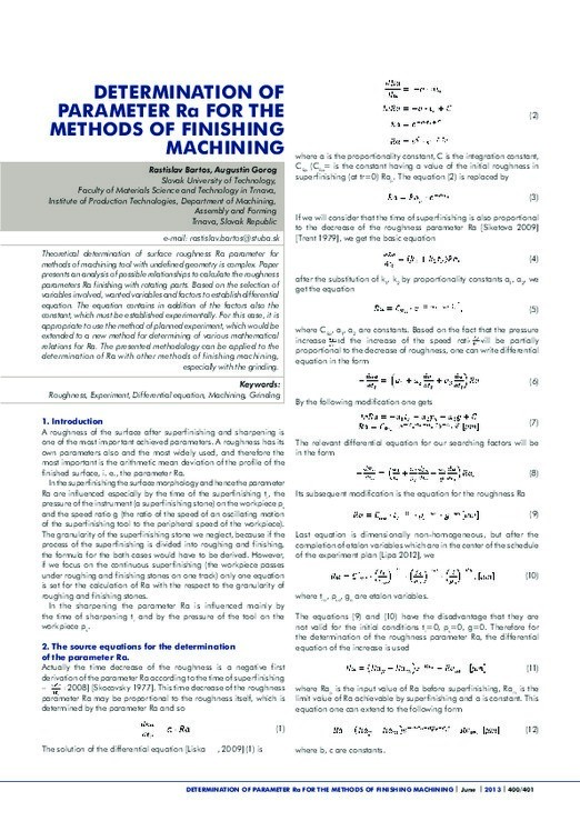 DETERMINATION OF PARAMETER Ra FOR THE METHODS OF FINISHING MACHINING ...