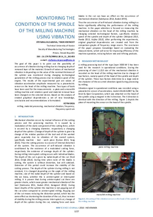 Monitoring The Condition Of The Spindle Of The Milling Machine Using Vibration Mm Science Journal