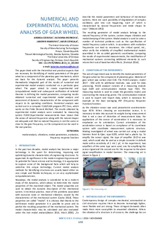 NUMERICAL AND EXPERIMENTAL MODAL ANALYSIS OF GEAR WHEEL | MM Science ...