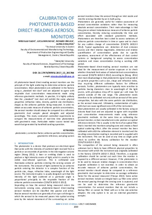 CALIBRATION OF PHOTOMETER-BASED DIRECT-READING AEROSOL MONITORS | MM ...