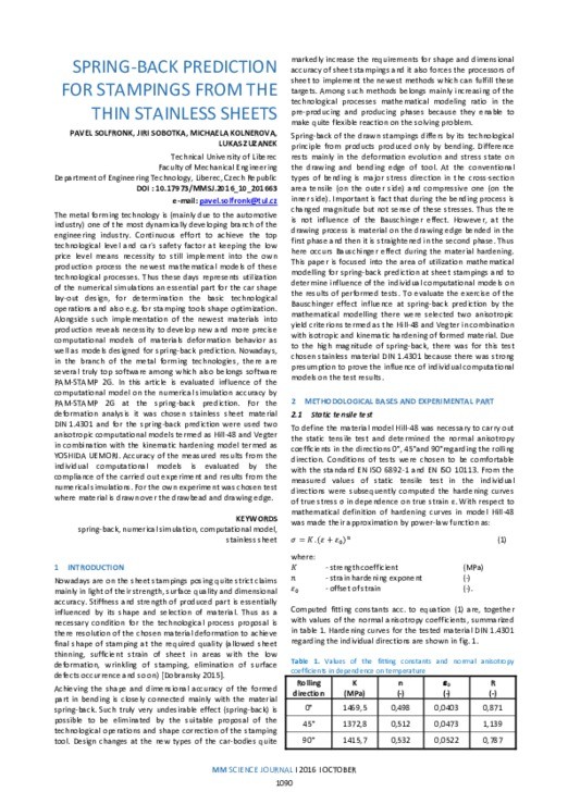 SPRING-BACK PREDICTION FOR STAMPINGS FROM THE THIN STAINLESS SHEETS ...