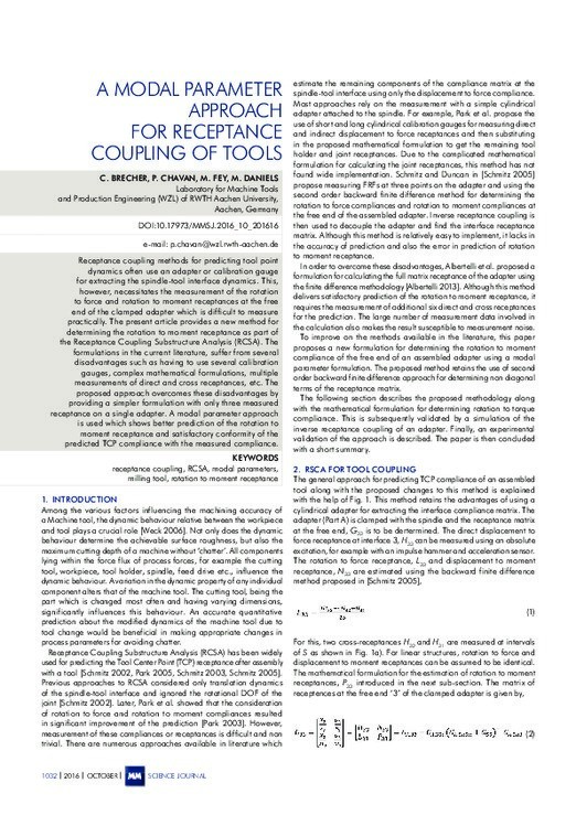 A MODAL PARAMETER APPROACH FOR RECEPTANCE COUPLING OF TOOLS | MM Science Journal