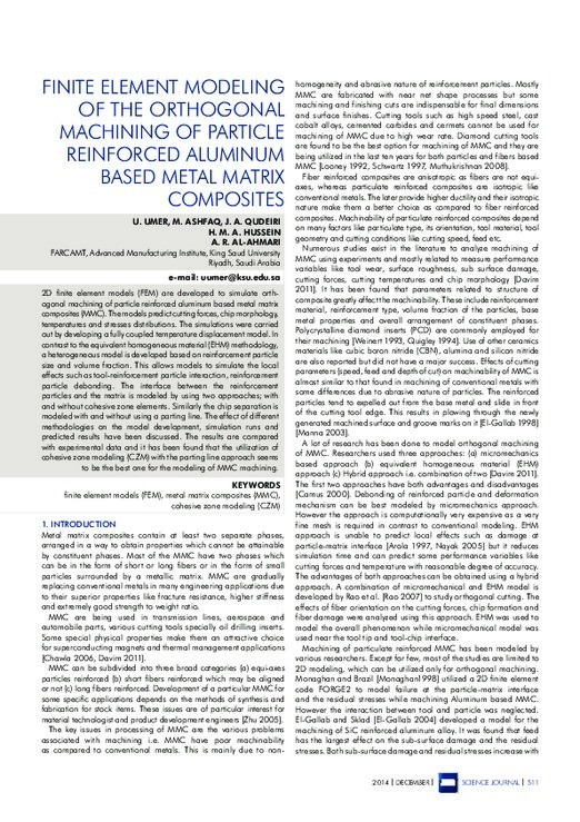 FINITE ELEMENT MODELING OF THE ORTHOGONAL MACHINING OF PARTICLE REINFORCED ALUMINUM BASED METAL ...