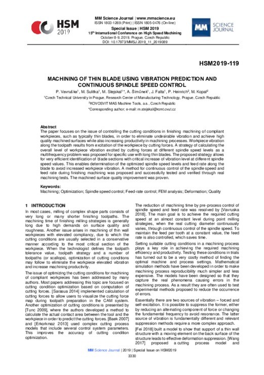 Machining Of Thin Blade Using Vibration Prediction And Continuous Spindle Speed Control Mm