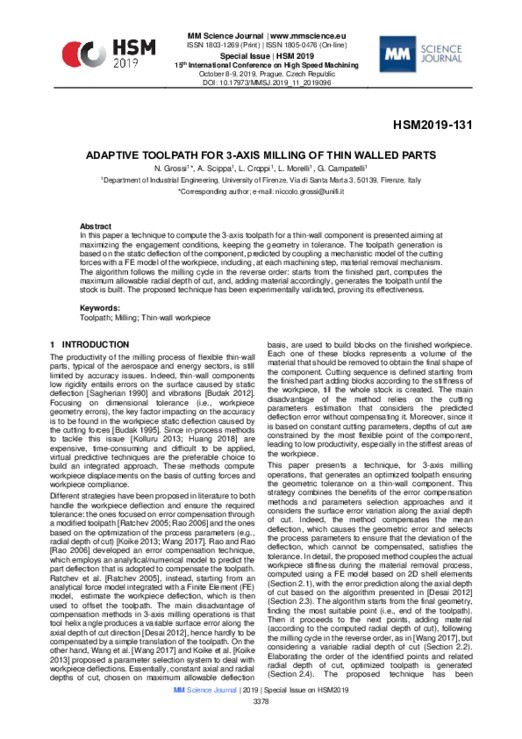 ADAPTIVE TOOLPATH FOR 3-AXIS MILLING OF THIN WALLED PARTS | MM Science ...