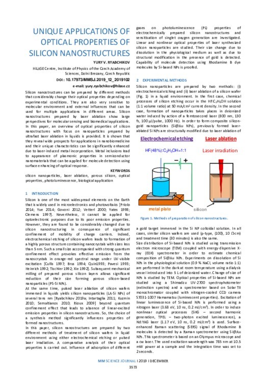 UNIQUE APPLICATIONS OF OPTICAL PROPERTIES OF SILICON NANOSTRUCTURES ...