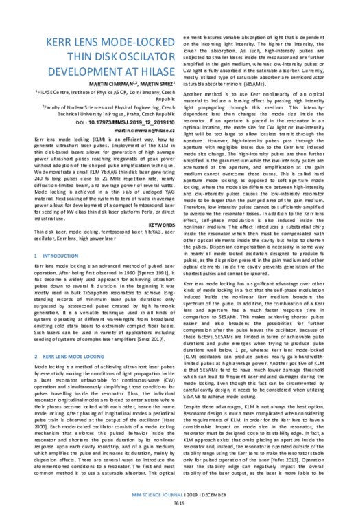 KERR LENS MODE-LOCKED THIN DISK OSCILATOR DEVELOPMENT AT HILASE | MM ...