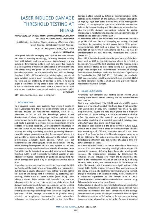 LASER INDUCED DAMAGE THRESHOLD TESTING AT HILASE | MM Science Journal