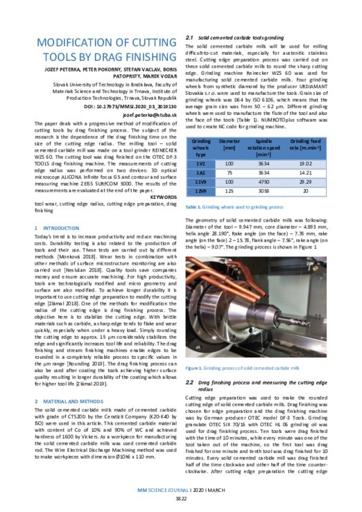 MODIFICATION OF CUTTING TOOLS BY DRAG FINISHING | MM Science Journal