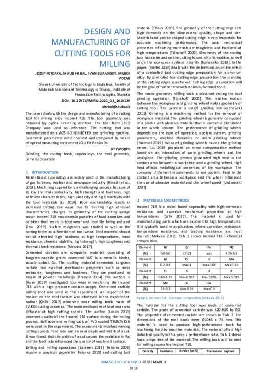 DESIGN AND MANUFACTURING OF CUTTING TOOLS FOR MILLING | MM Science Journal