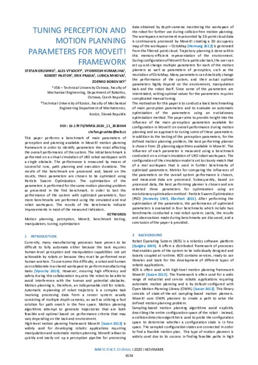 TUNING PERCEPTION AND MOTION PLANNING PARAMETERS FOR MOVEIT! FRAMEWORK ...