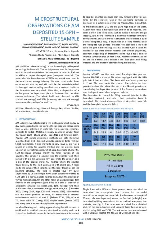MICROSTRUCTURAL OBSERVATIONS OF AM DEPOSITED 15-5PH – STELLITE SAMPLE | MM Science Journal