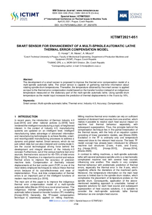 SMART SENSOR FOR ENHANCEMENT OF A MULTI-SPINDLE AUTOMATIC LATHE THERMAL ERROR COMPENSATION MODEL ...