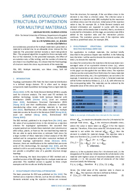 SIMPLE EVOLUTIONARY STRUCTURAL OPTIMIZATION FOR MULTIPLE MATERIALS | MM Science Journal