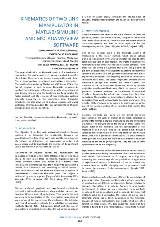 KINEMATICS OF TWO LINK MANIPULATOR IN MATLAB/SIMULINK AND MSC ADAMS ...