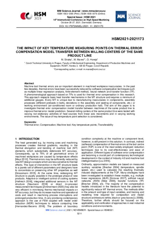 THE IMPACT OF KEY TEMPERATURE MEASURING POINTS ON THERMAL ERROR COMPENSATION MODEL TRANSFER ...
