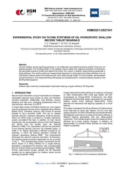 EXPERIMENTAL STUDY ON TILTING STIFFNESS OF OIL HYDROSTATIC SHALLOW ...