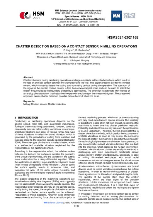 CHATTER DETECTION BASED ON A CONTACT SENSOR IN MILLING OPERATIONS | MM Science Journal