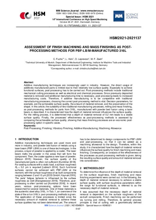 ASSESSMENT OF FINISH MACHINING AND MASS FINISHING AS POST-PROCESSING ...