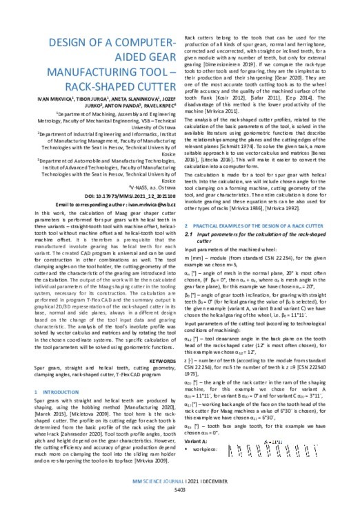 DESIGN OF A COMPUTER-AIDED GEAR MANUFACTURING TOOL – RACK-SHAPED CUTTER ...