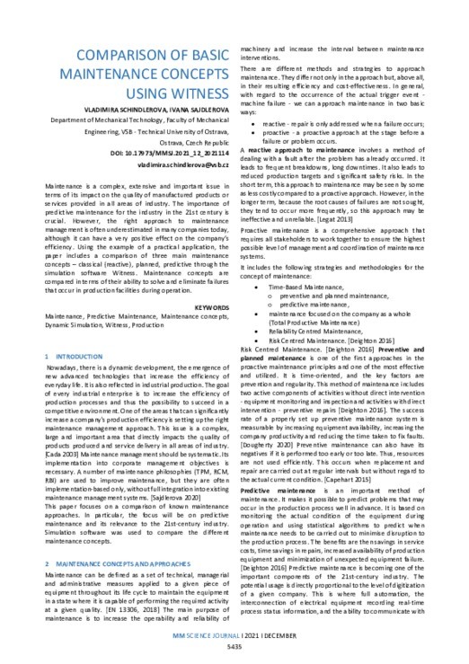 COMPARISON OF BASIC MAINTENANCE CONCEPTS USING WITNESS | MM Science Journal