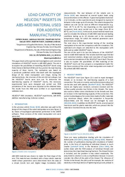 LOAD CAPACITY OF HELICOIL® INSERTS IN ABS-M30 MATERIAL USED FOR ...