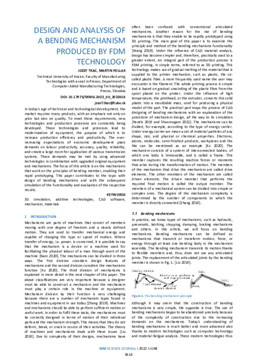 DESIGN AND ANALYSIS OF A BENDING MECHANISM PRODUCED BY FDM TECHNOLOGY ...