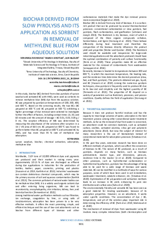 BIOCHAR DERIVED FROM SLOW PYROLYSIS AND ITS APPLICATION AS SORBENT IN REMOVAL OF METHYLENE BLUE ...