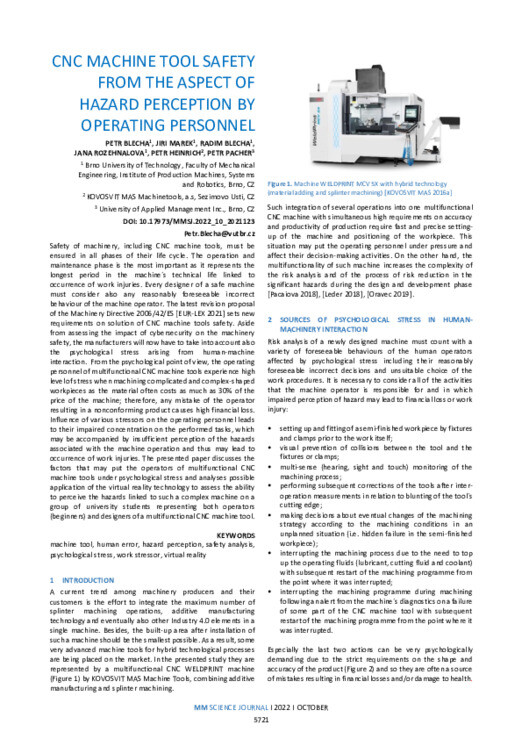 CNC MACHINE TOOL SAFETY FROM THE ASPECT OF HAZARD PERCEPTION BY ...