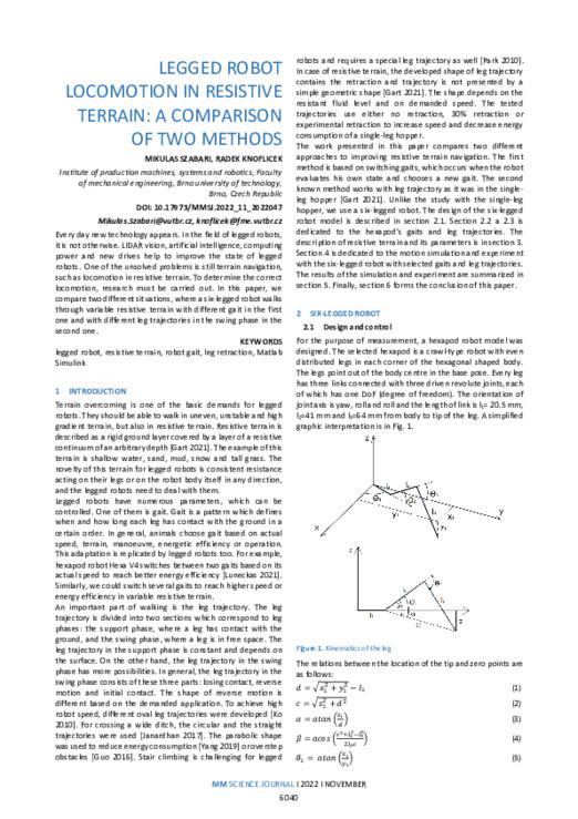 LEGGED ROBOT LOCOMOTION IN RESISTIVE TERRAIN: A COMPARISON OF TWO METHODS | MM Science Journal