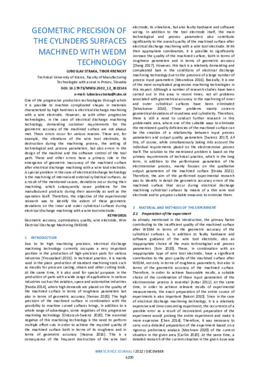 GEOMETRIC PRECISION OF THE CYLINDERS SURFACES MACHINED WITH WEDM TECHNOLOGY | MM Science Journal