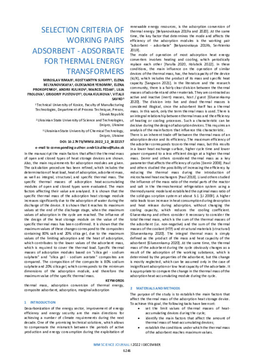 SELECTION CRITERIA OF WORKING PAIRS ADSORBENT - ADSORBATE FOR THERMAL ...