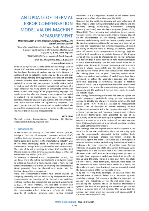 AN UPDATE OF THERMAL ERROR COMPENSATION MODEL VIA ON-MACHINE MEASUREMENT | MM Science Journal