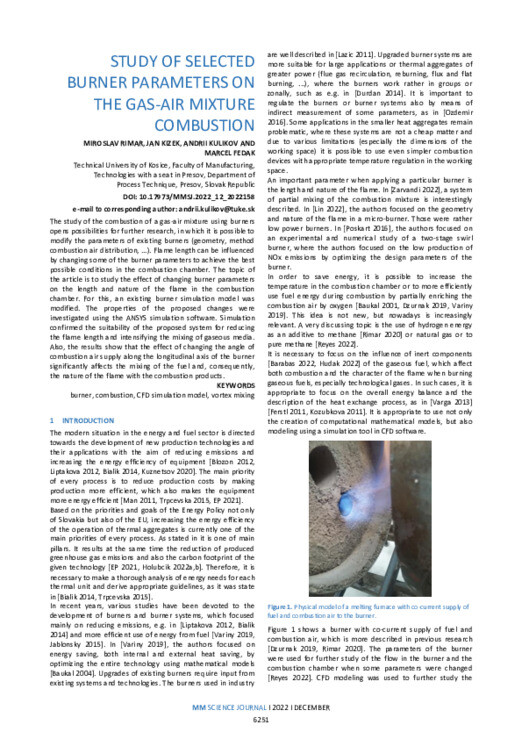STUDY OF SELECTED BURNER PARAMETERS ON THE GAS-AIR MIXTURE COMBUSTION ...