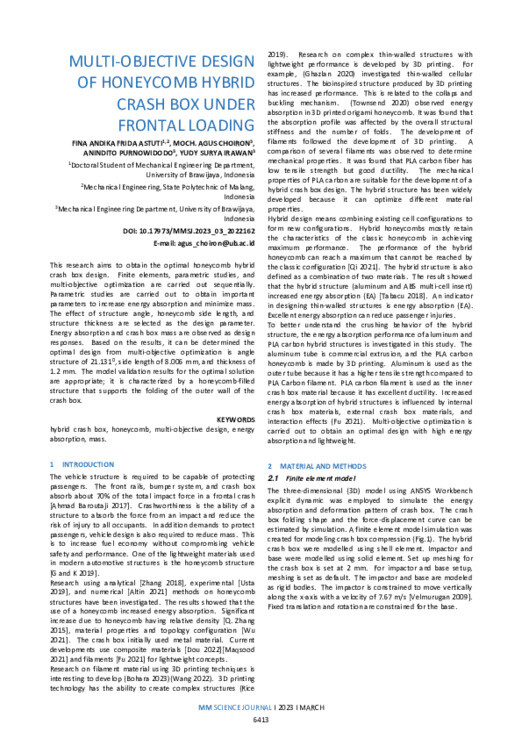 MULTI-OBJECTIVE DESIGN OF HONEYCOMB HYBRID CRASH BOX UNDER FRONTAL LOADING | MM Science Journal