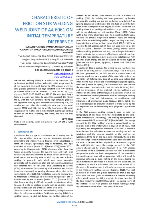 Characteristic Of Friction Stir Welding Weld Joint Of Aa 6061 On Initial Temperature Difference