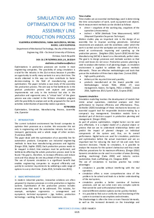 Simulation And Optimisation Of The Assembly Line Production Process Mm Science Journal