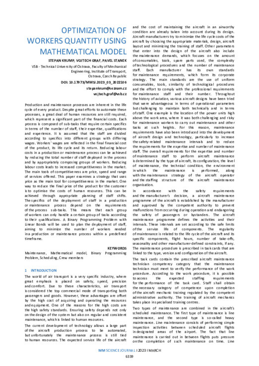 OPTIMIZATION OF WORKERS QUANTITY USING MATHEMATICAL MODEL | MM Science Journal