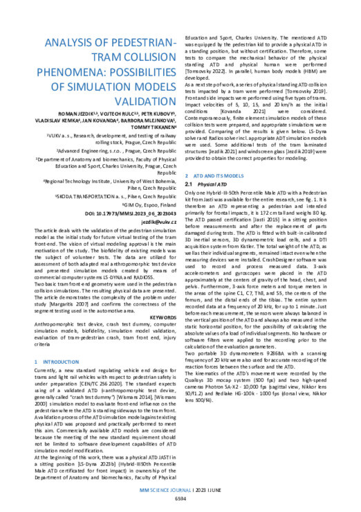 Analysis Of Pedestrian Tram Collision Phenomena Possibilities Of Simulation Models Validation