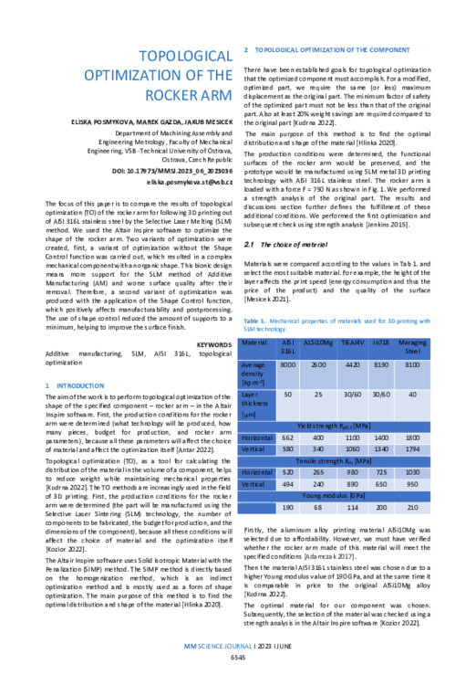 TOPOLOGICAL OPTIMIZATION OF THE ROCKER ARM | MM Science Journal