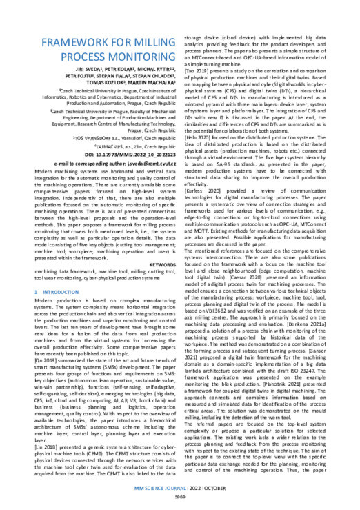 FRAMEWORK FOR MILLING PROCESS MONITORING | MM Science Journal